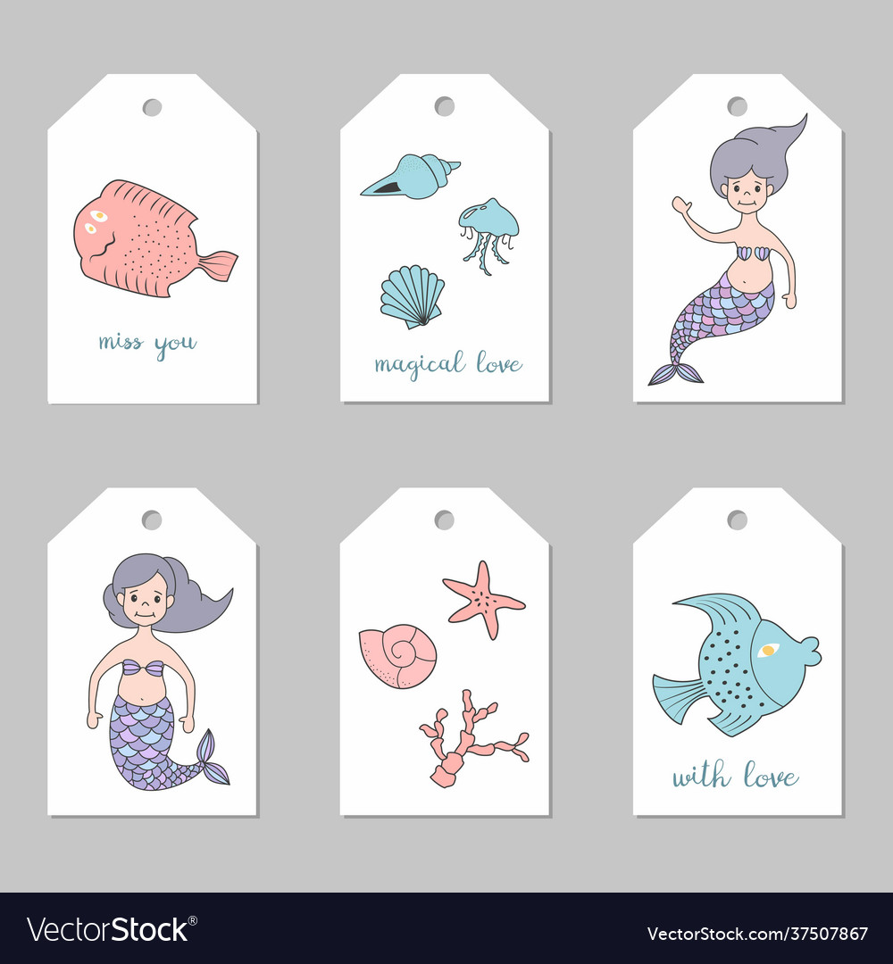 Set tags with a mermaids and marine animals Vector Image