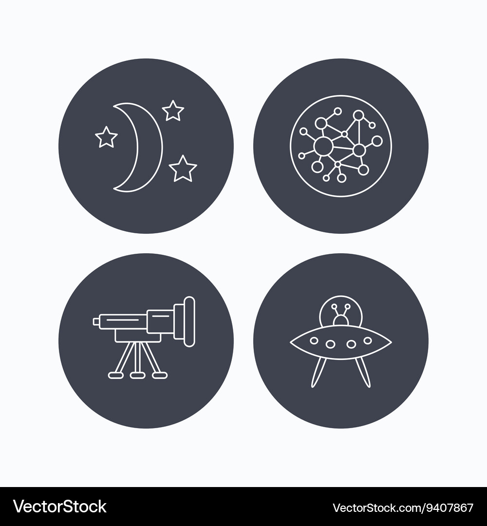 Ufo global network and telescope icons Royalty Free Vector