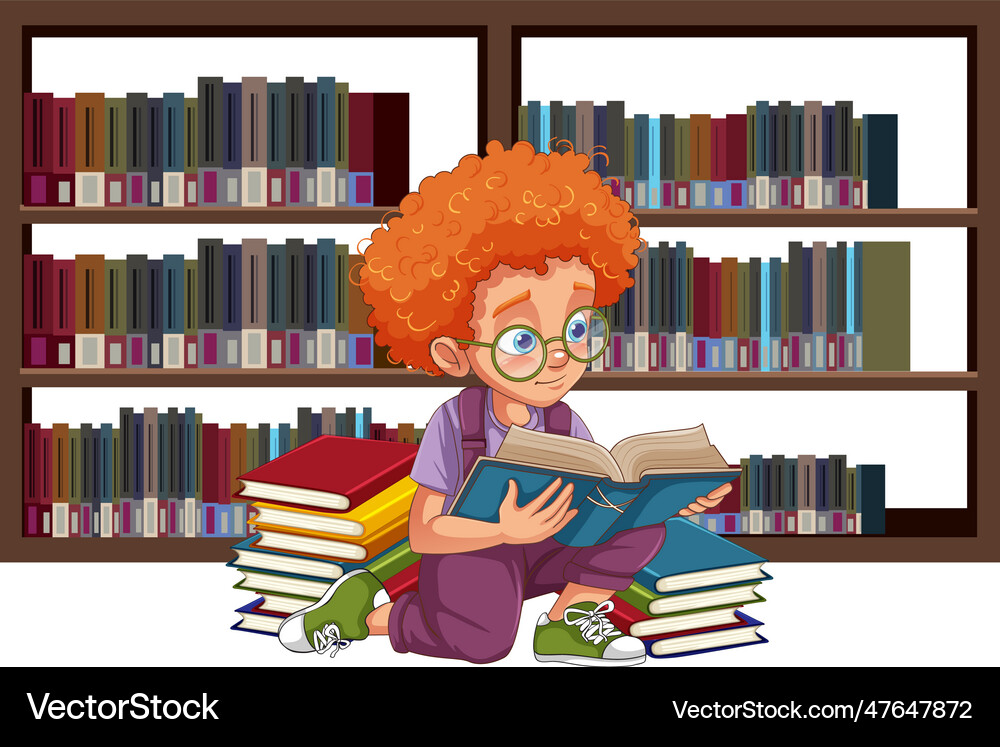 Curly hair boy reading book Royalty Free Vector Image