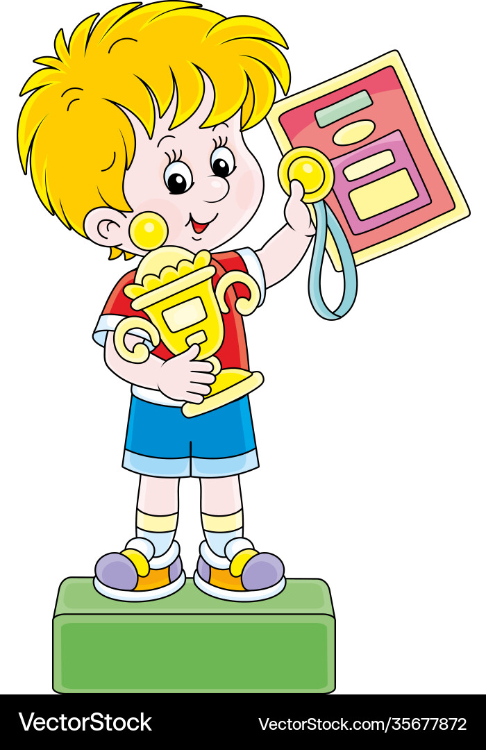 Little champion with a cup on podium Royalty Free Vector