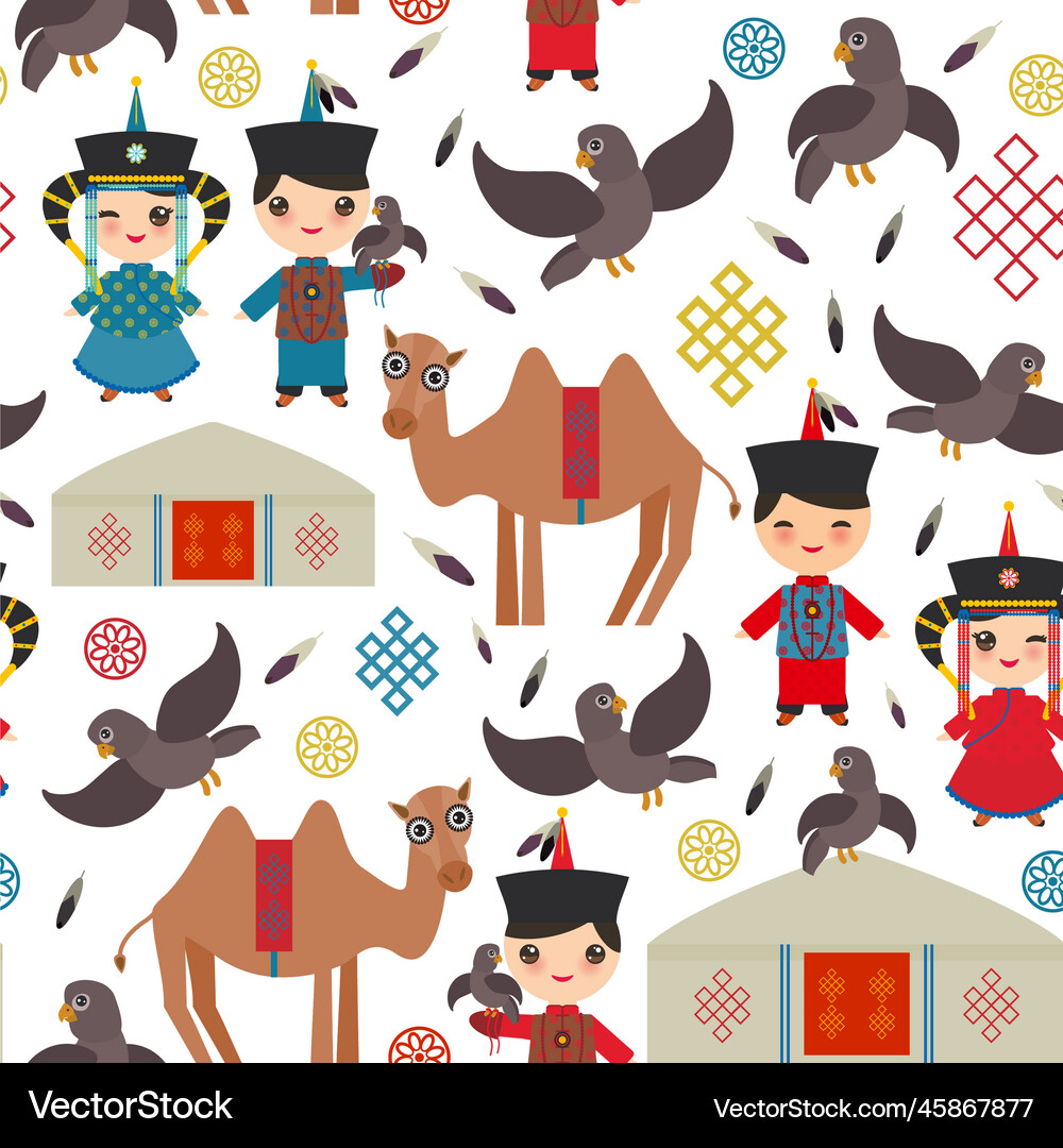 Seamless pattern mongolian boy and girl national Vector Image