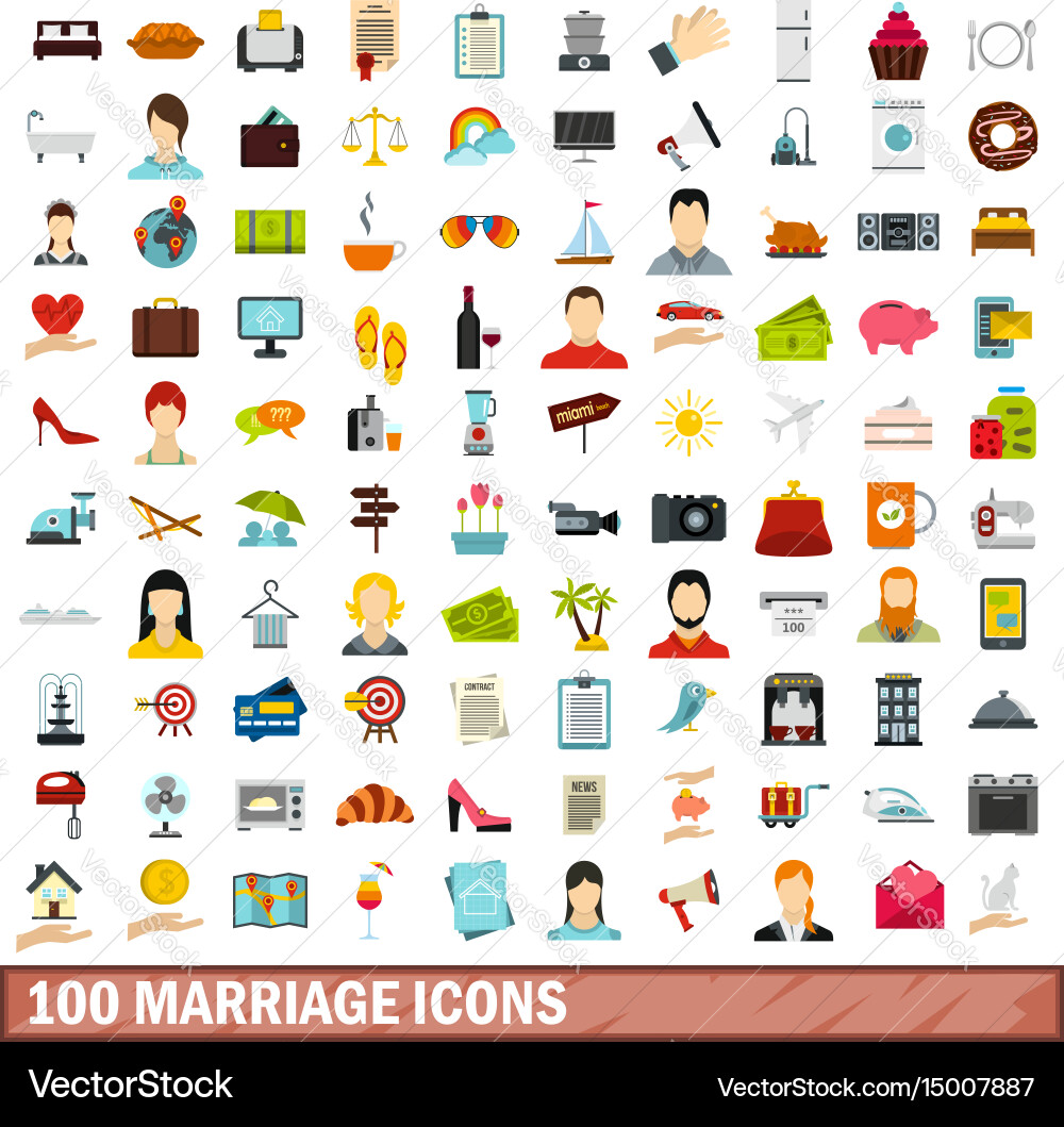 100 marriage icons set flat style Royalty Free Vector Image