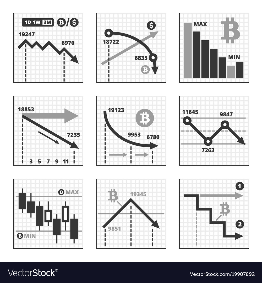 Bitcoin falling down chart graphics set Royalty Free Vector