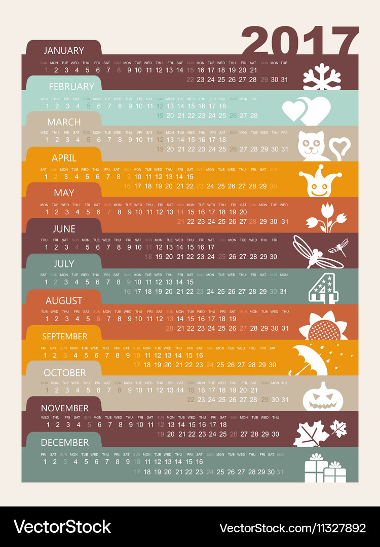 Calendar 2017 year week starts sunday Royalty Free Vector