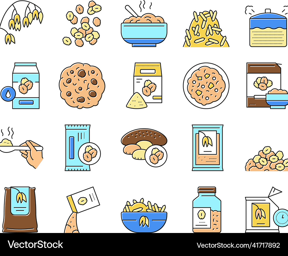 Oatmeal nutrition collection icons set Royalty Free Vector