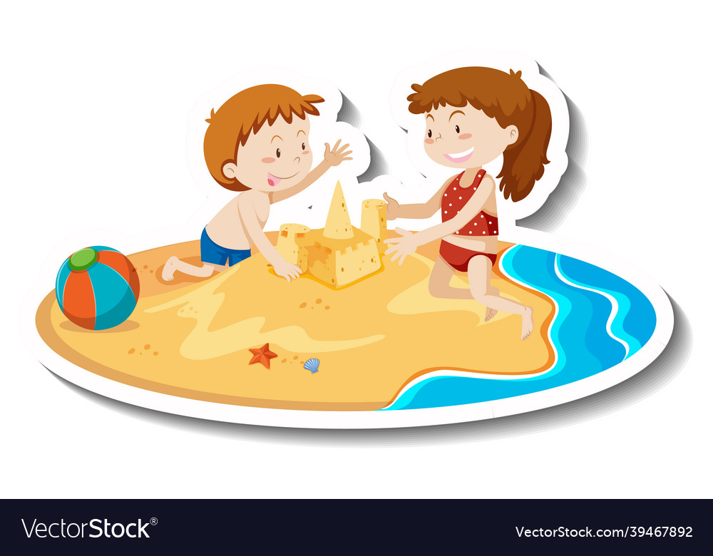 Two kids building sand castle at the beach Vector Image