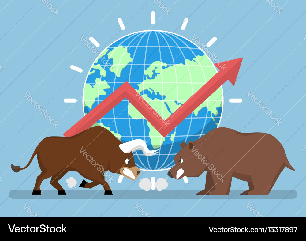 Bull and bear with world graph in background Vector Image