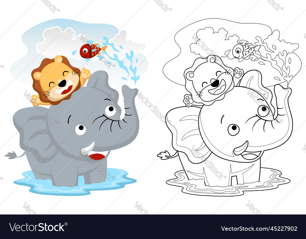Elephant and lion playing water with little fish Vector Image
