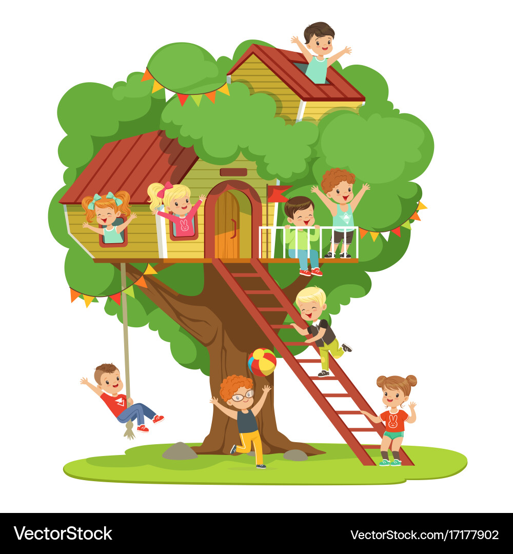 Kids having fun in treehouse children Royalty Free Vector