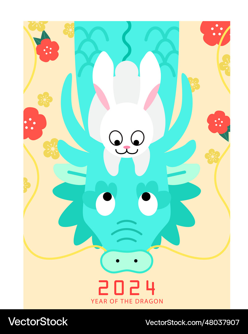 Zodiac rabbit with dragon 2024 card Royalty Free Vector