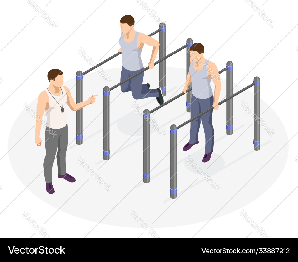 Isometric sportsman making workout push-ups and Vector Image