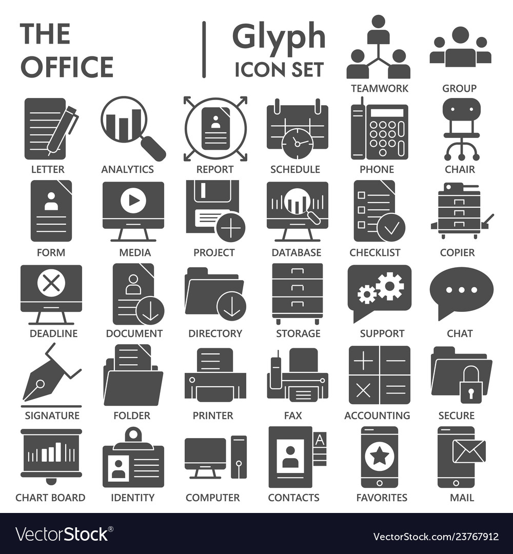 Office glyph signed icon set workspace symbols Vector Image