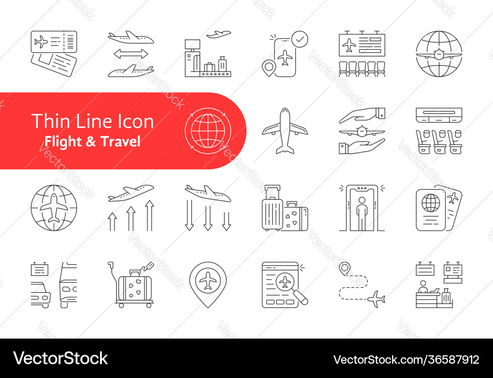 Set flight and travel lineart icon Royalty Free Vector Image