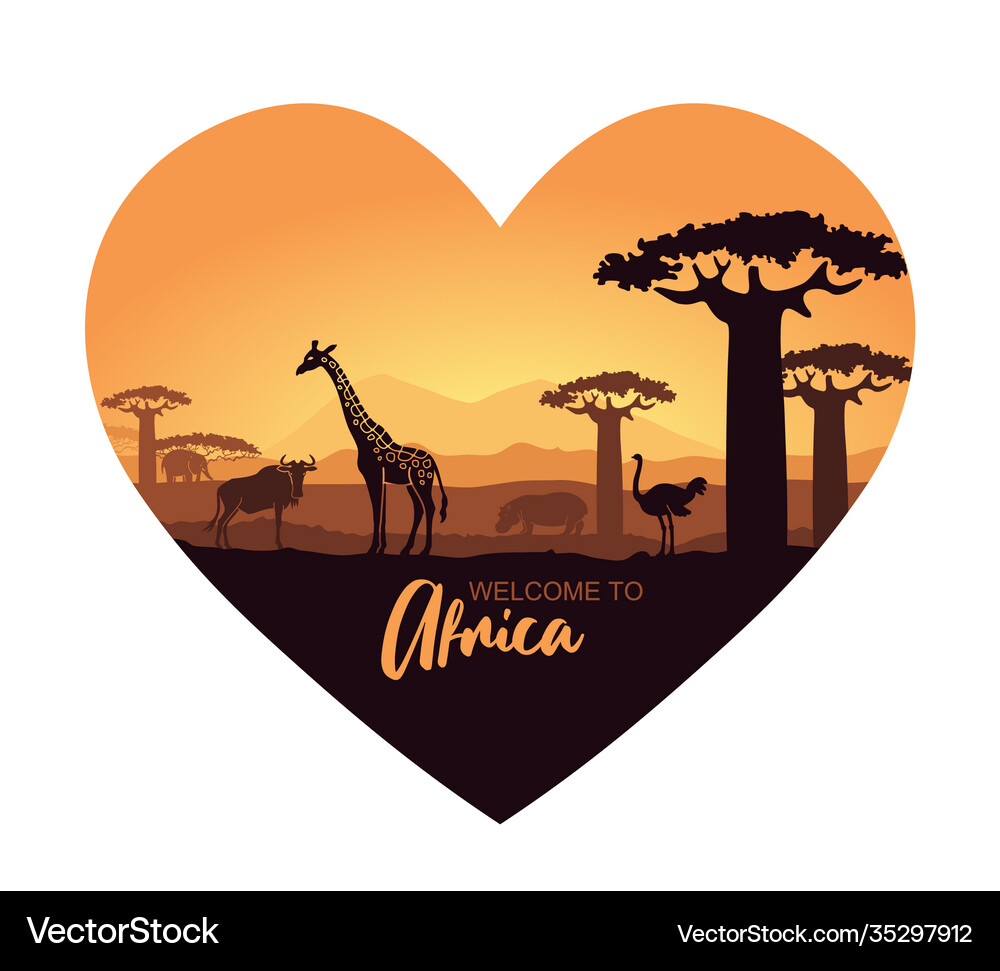 Stylized heart-shaped african landscape with wild Vector Image