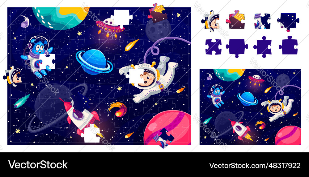 Jigsaw puzzle game with alien astronaut in space Vector Image