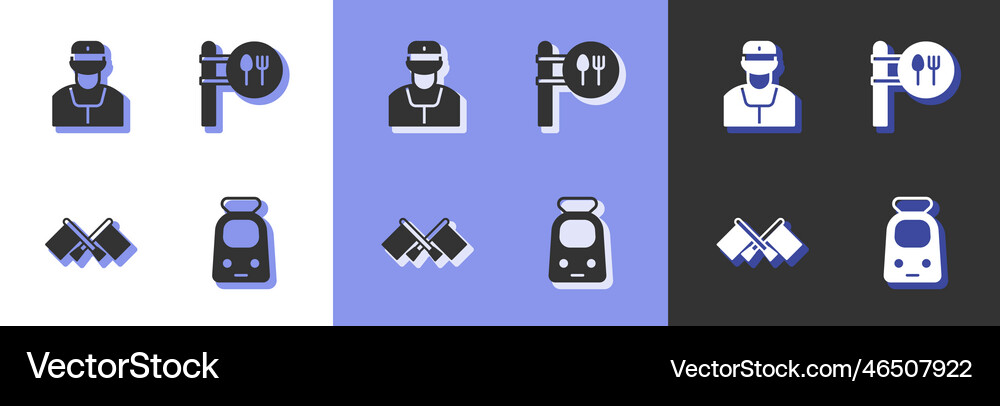 Set train and railway conductor flag and cafe Vector Image