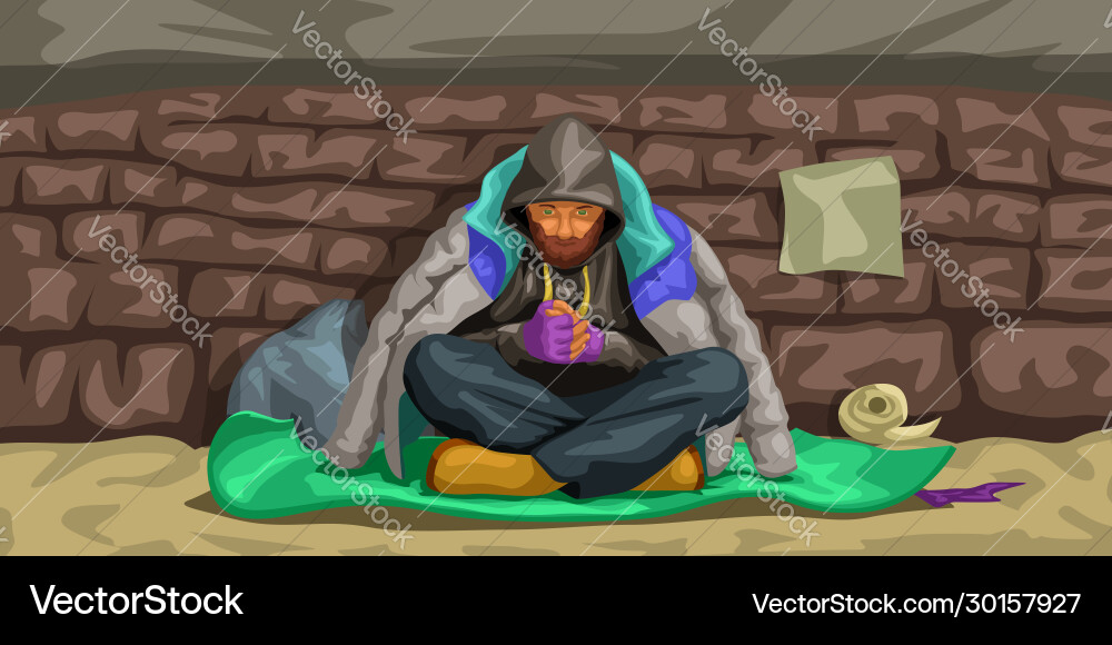 Homeless man sitting at wall Royalty Free Vector Image