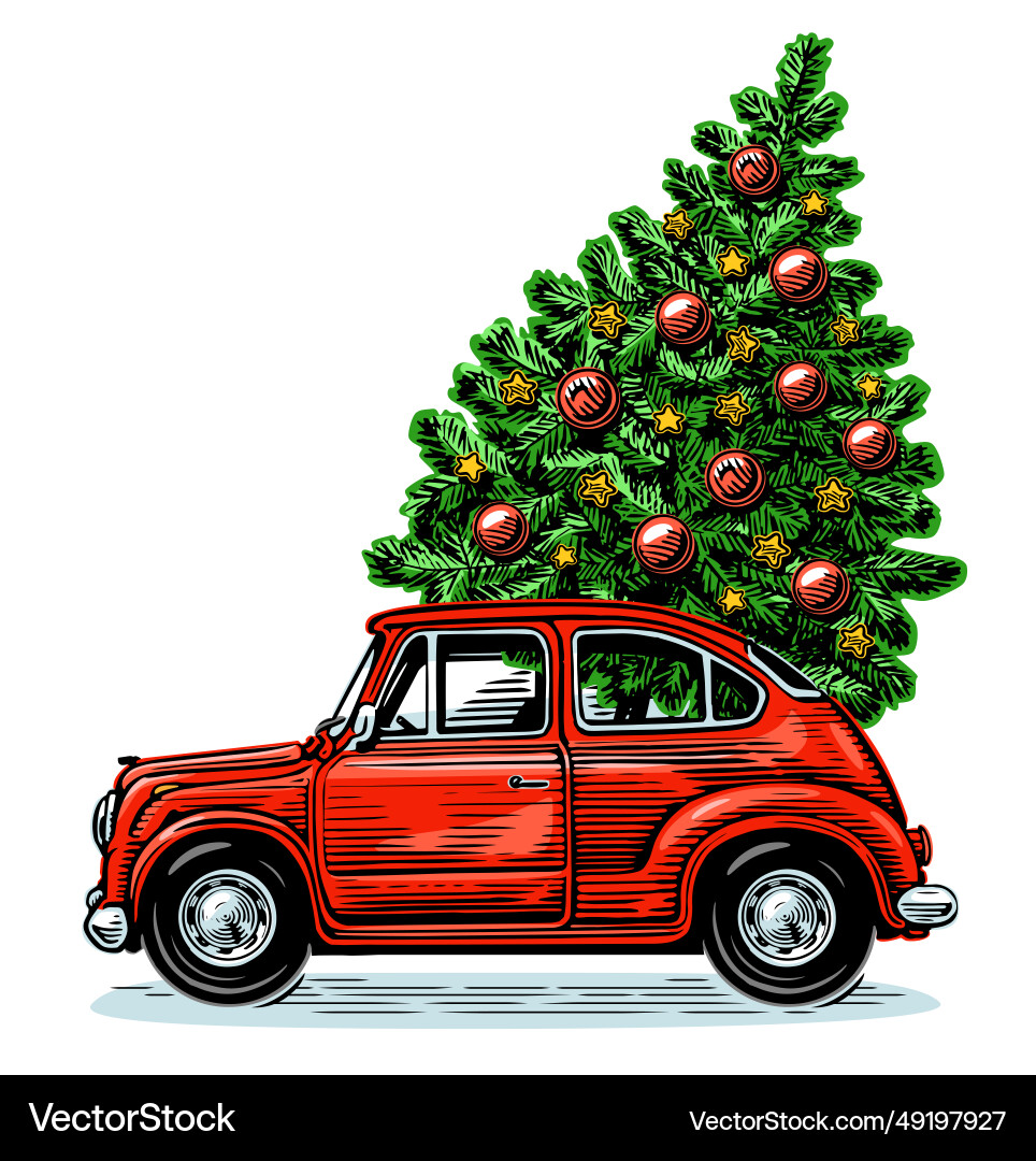 Retro red car and fir tree decorated Royalty Free Vector