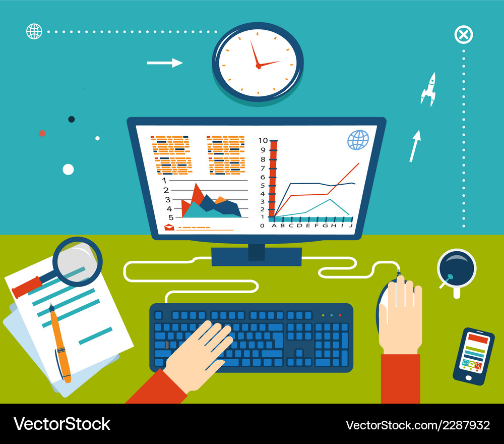 Businessman workplace with hands and infographic Vector Image