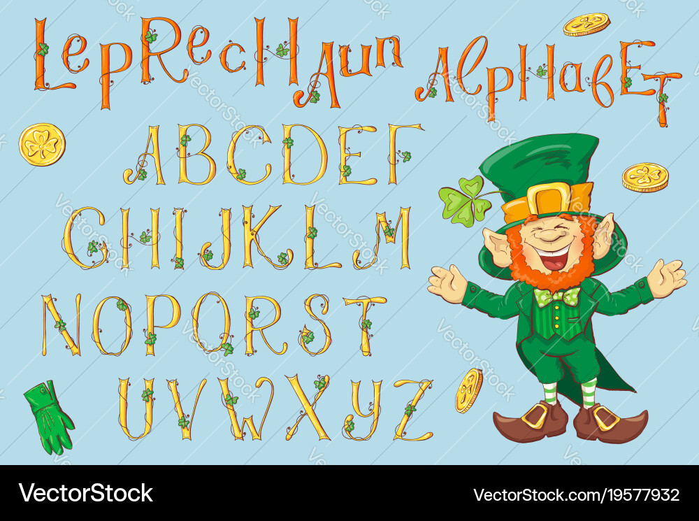 Gold letters a st patrick s day alphabet set Vector Image