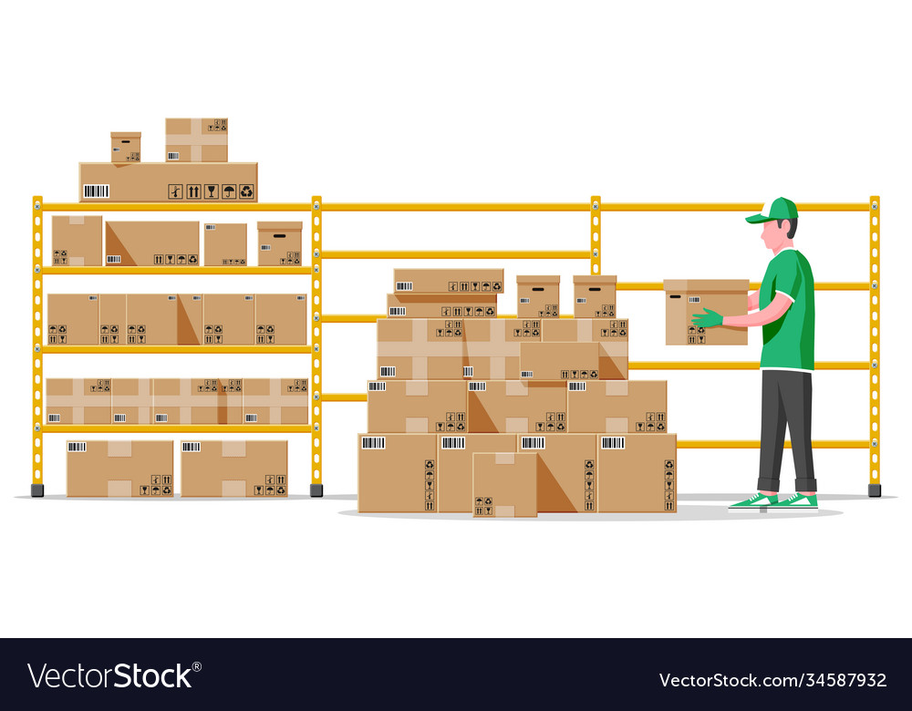 Warehouse shelves with boxes and mover Royalty Free Vector