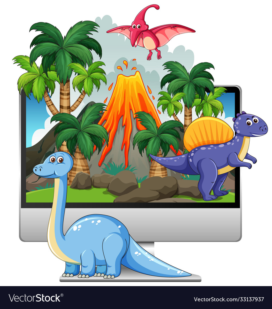Dinosaur on computer screen background Royalty Free Vector