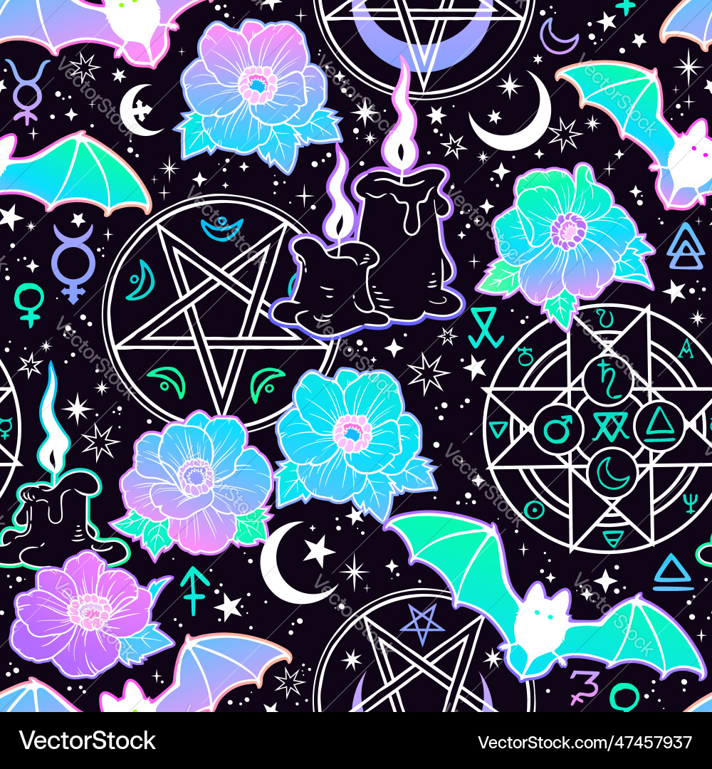 Seamless pattern of magical symbols and bats Vector Image