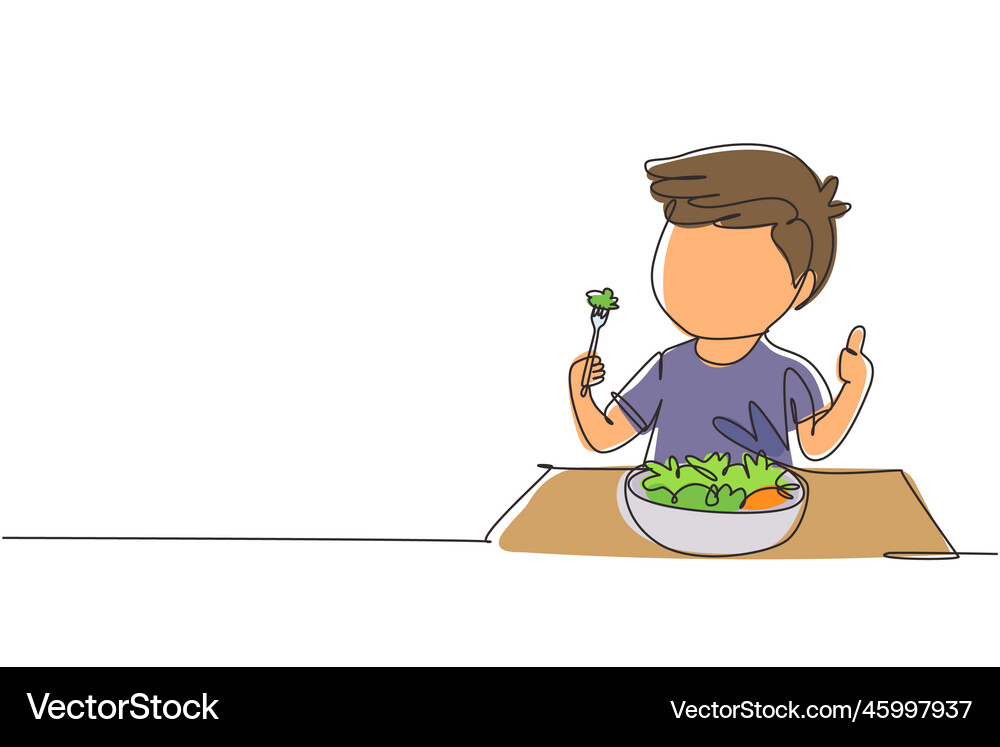Single one line drawing little boy eating fresh Vector Image