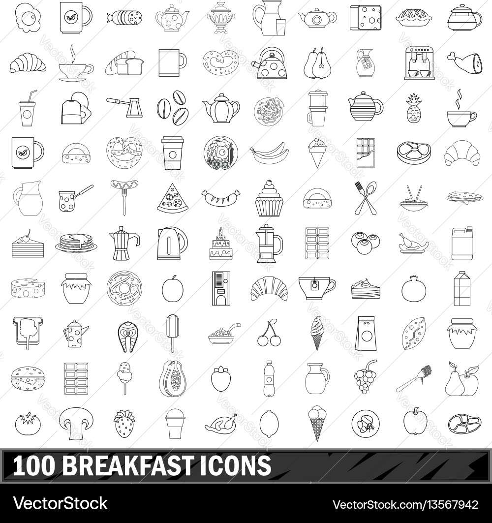 100 breakfast icons set outline style Royalty Free Vector