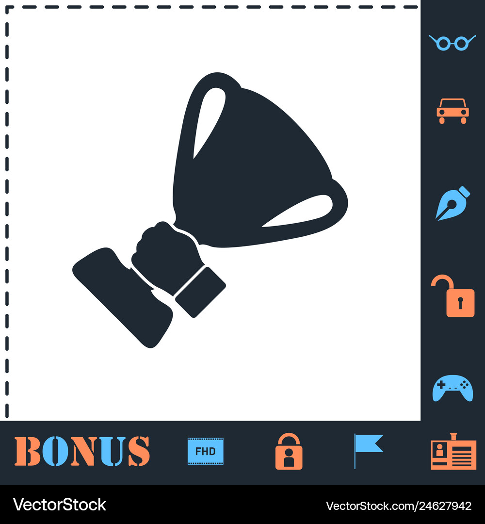 Male hand holding winner cup icon flat Royalty Free Vector