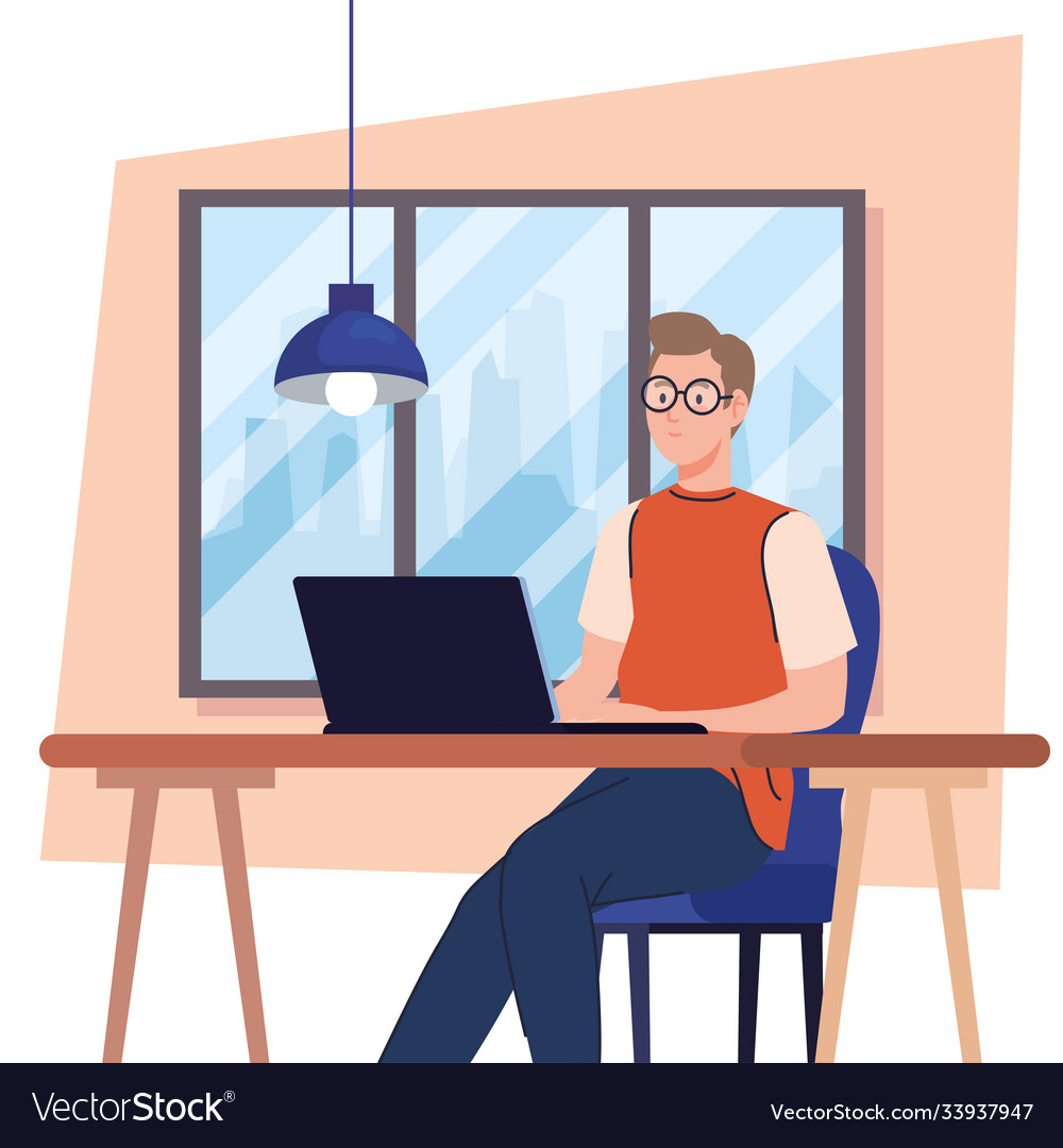 Young man using laptop computer in desk working Vector Image