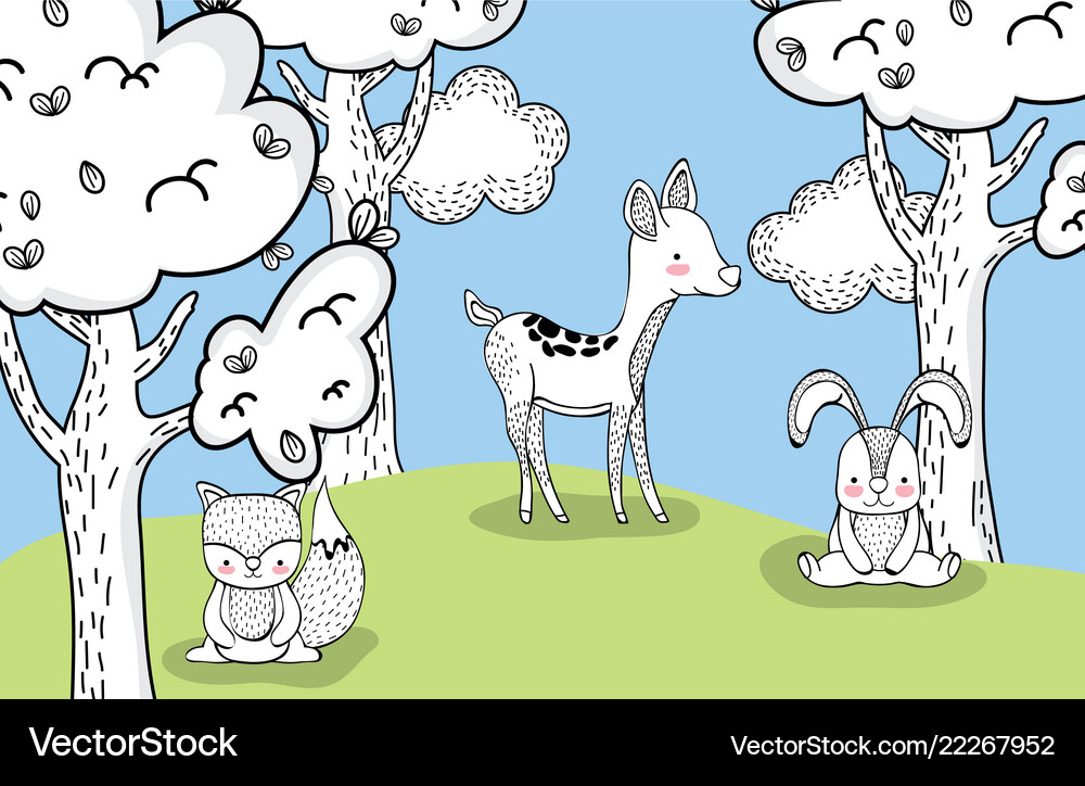 Squirrel with deer and rabbit friends in the trees