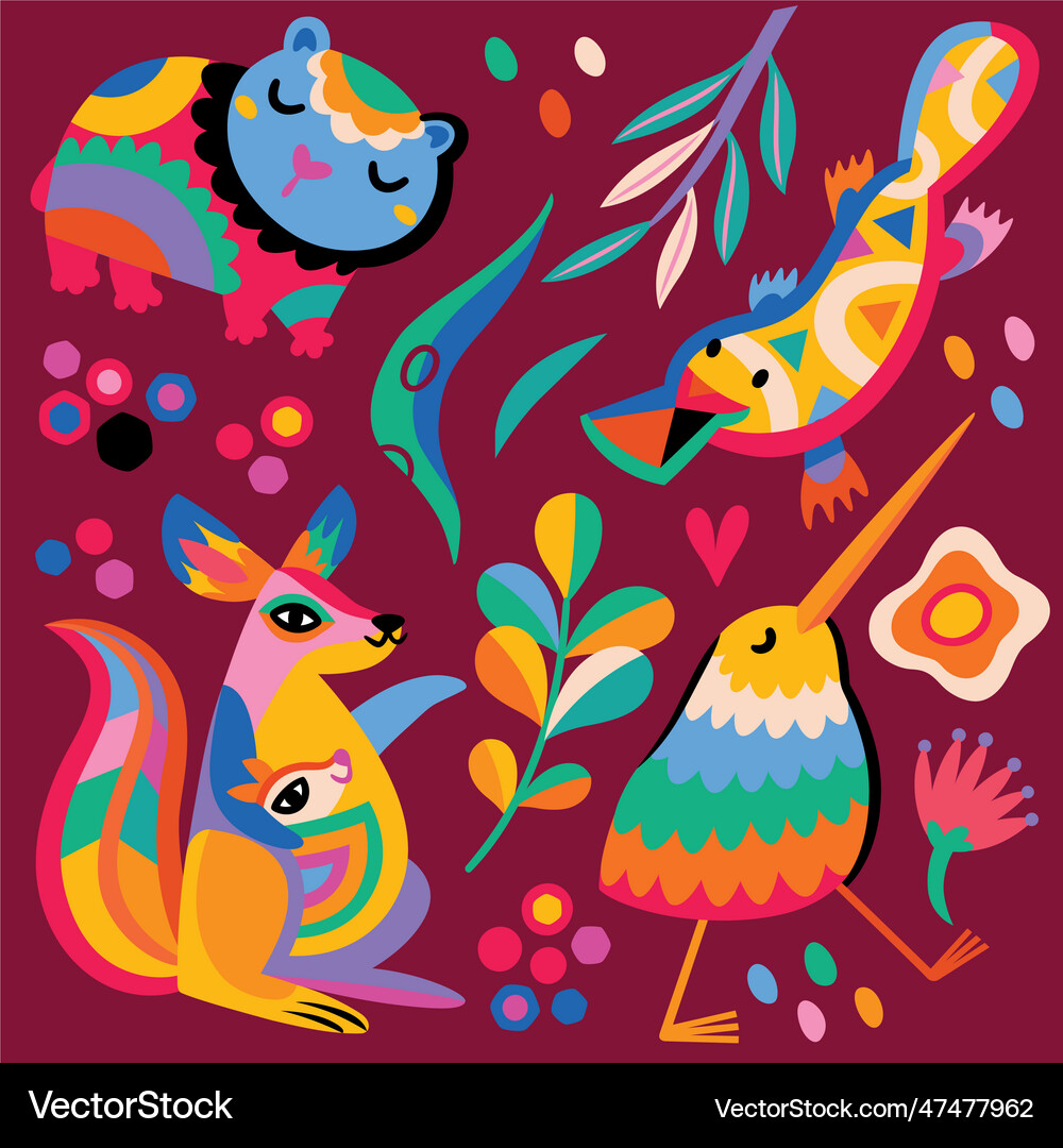 Cute abstract australian animals flowers Vector Image