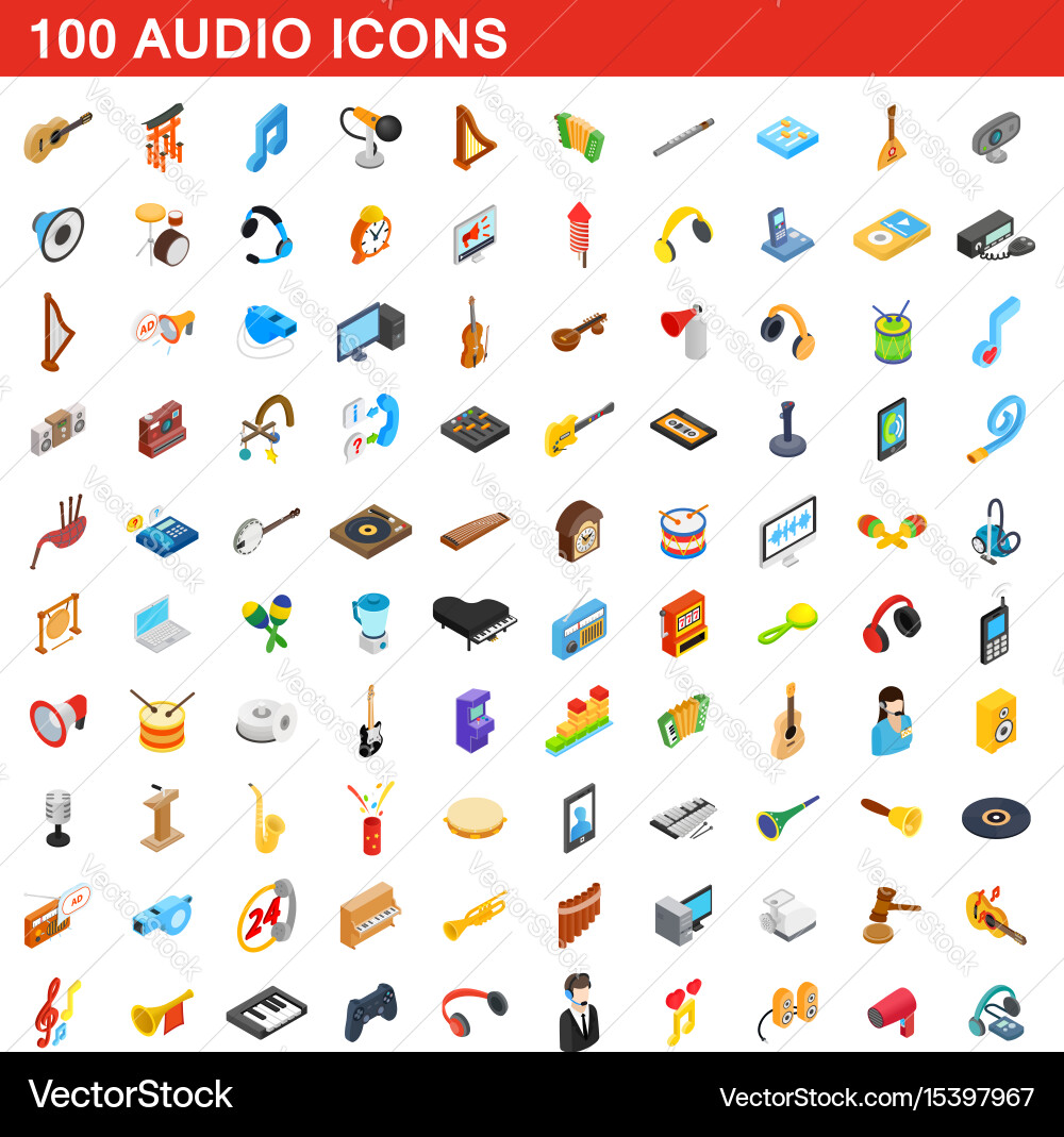 100 audio icons set isometric 3d style Royalty Free Vector