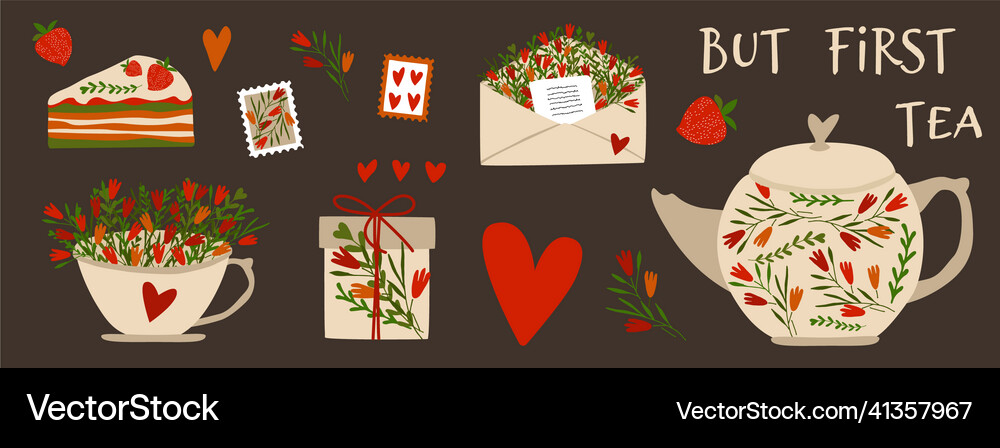 Herbal tea cup and teapot gift set but first tea Vector Image