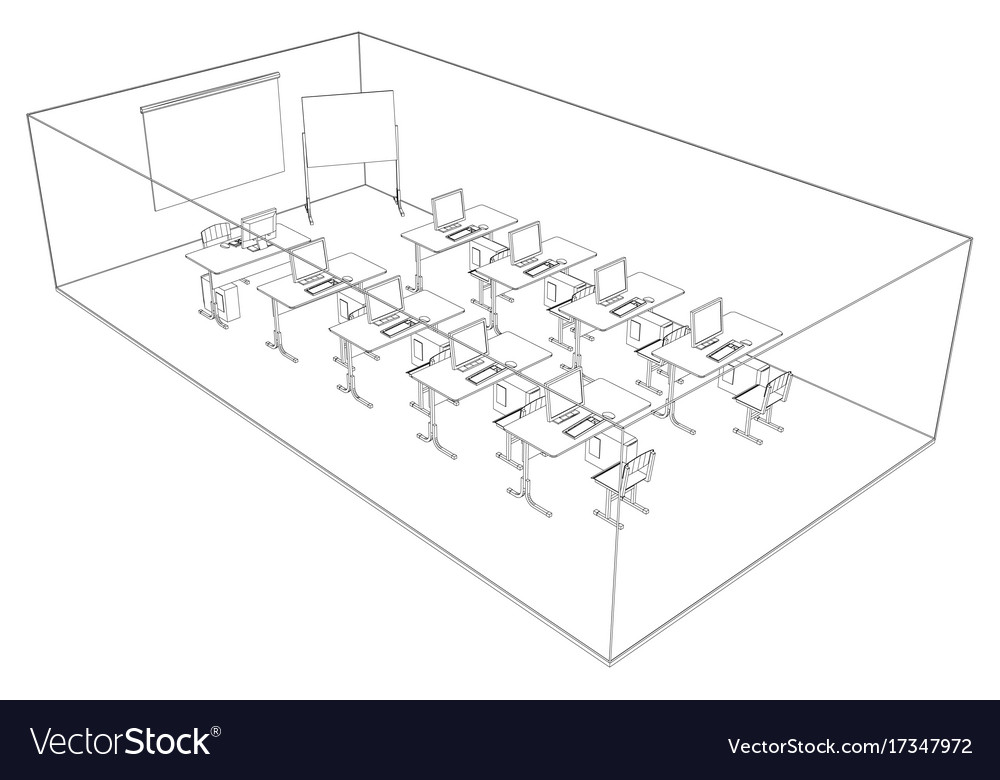 Computer class with tables and computers Vector Image