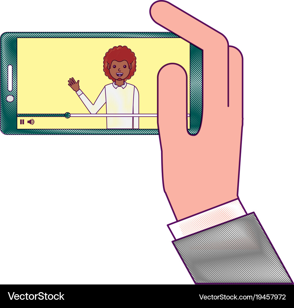 Hand holding smartphone with video blogger Vector Image