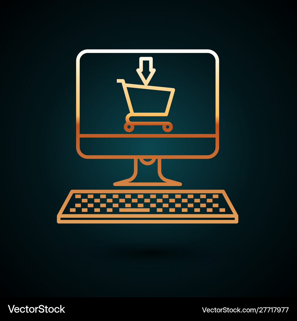 Gold line shopping cart on screen computer icon Vector Image