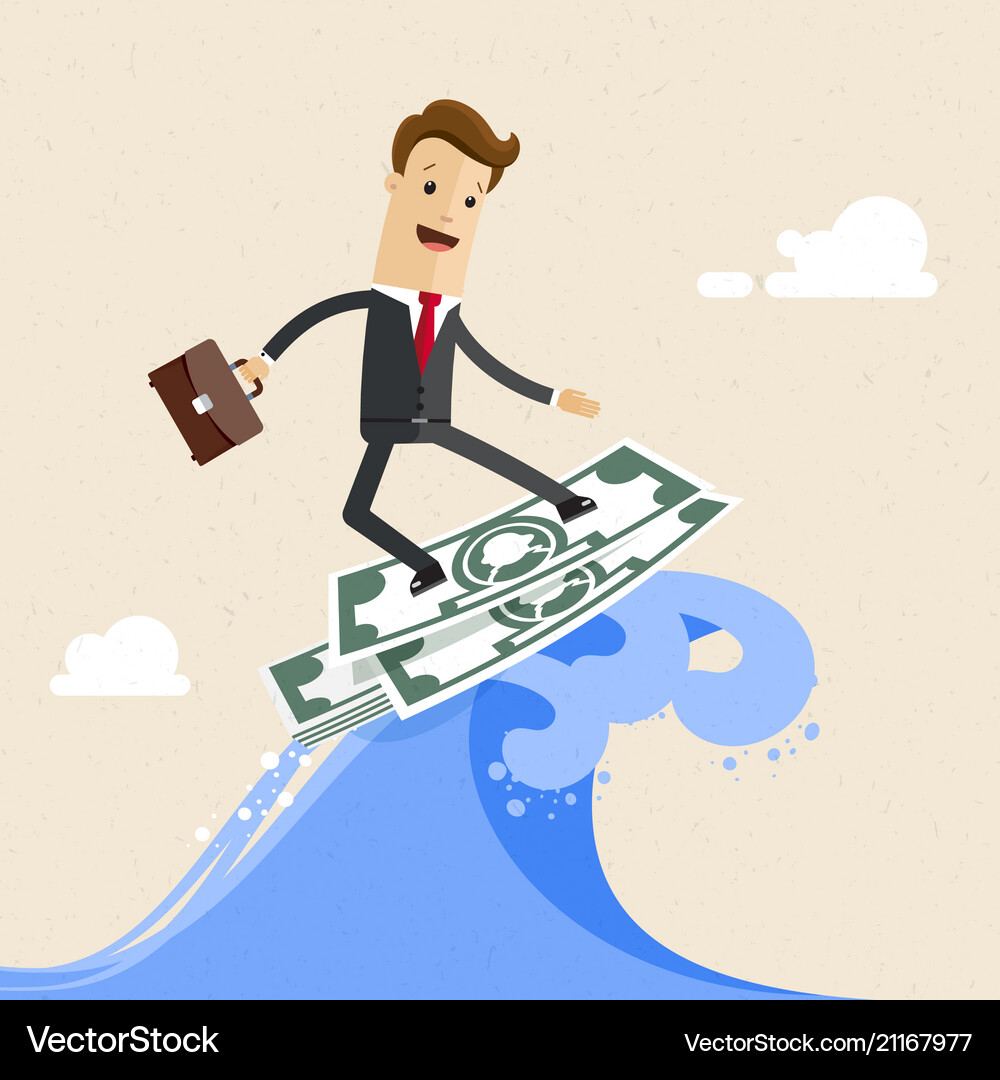 Happy successful businessman surfing on wave Vector Image