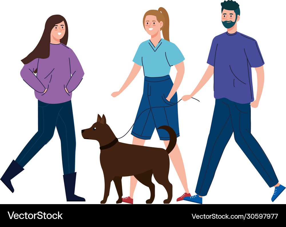 People walking with dog isolated icon Royalty Free Vector