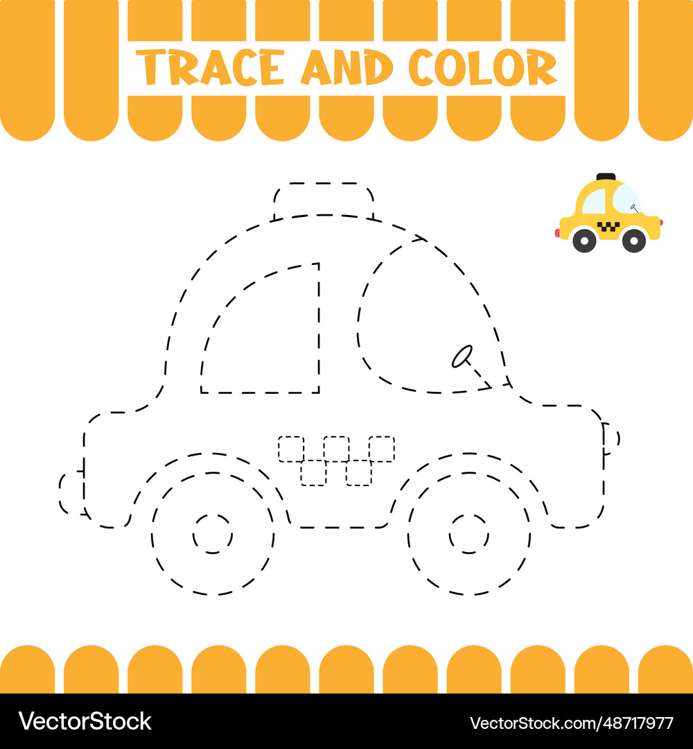 Trace taxi car tracing educational worksheet Vector Image