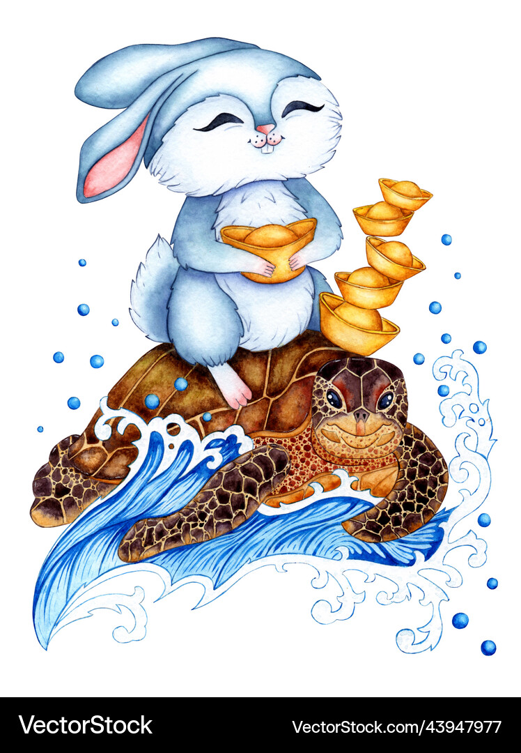 Watercolor blue rabbit floats on a turtle Vector Image