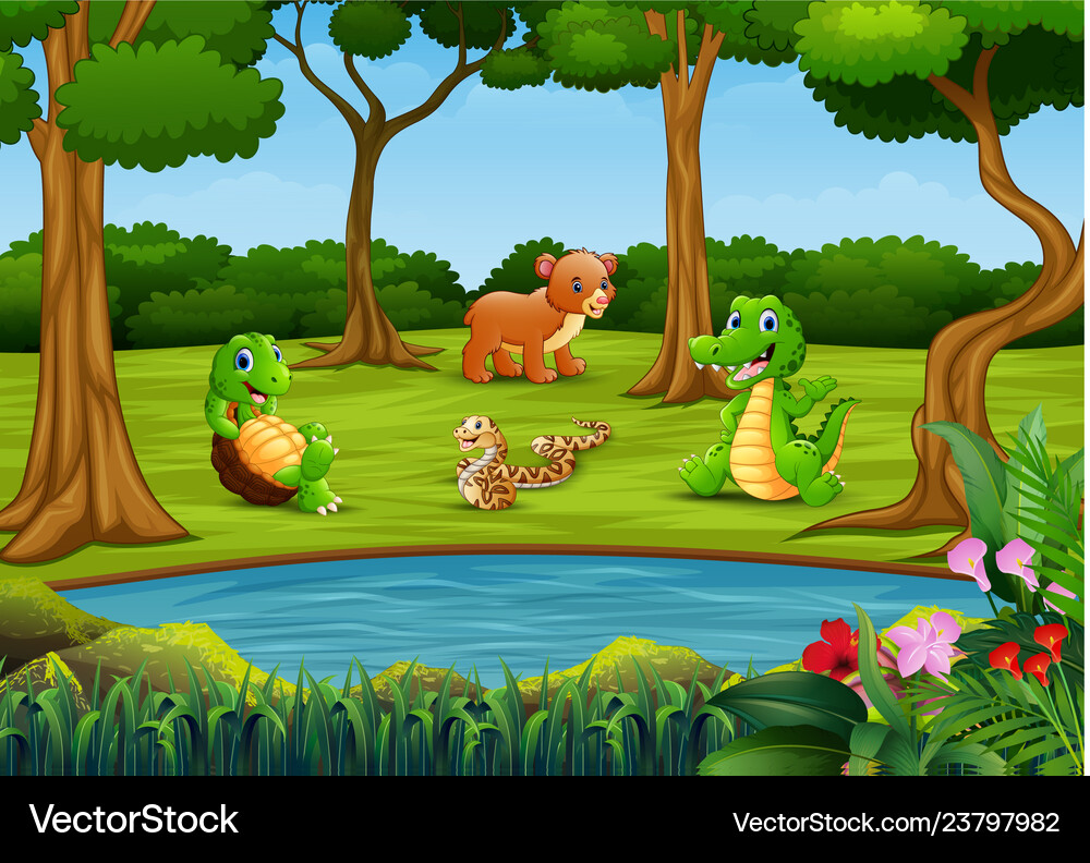 Animal cartoon on edge a small pool Royalty Free Vector