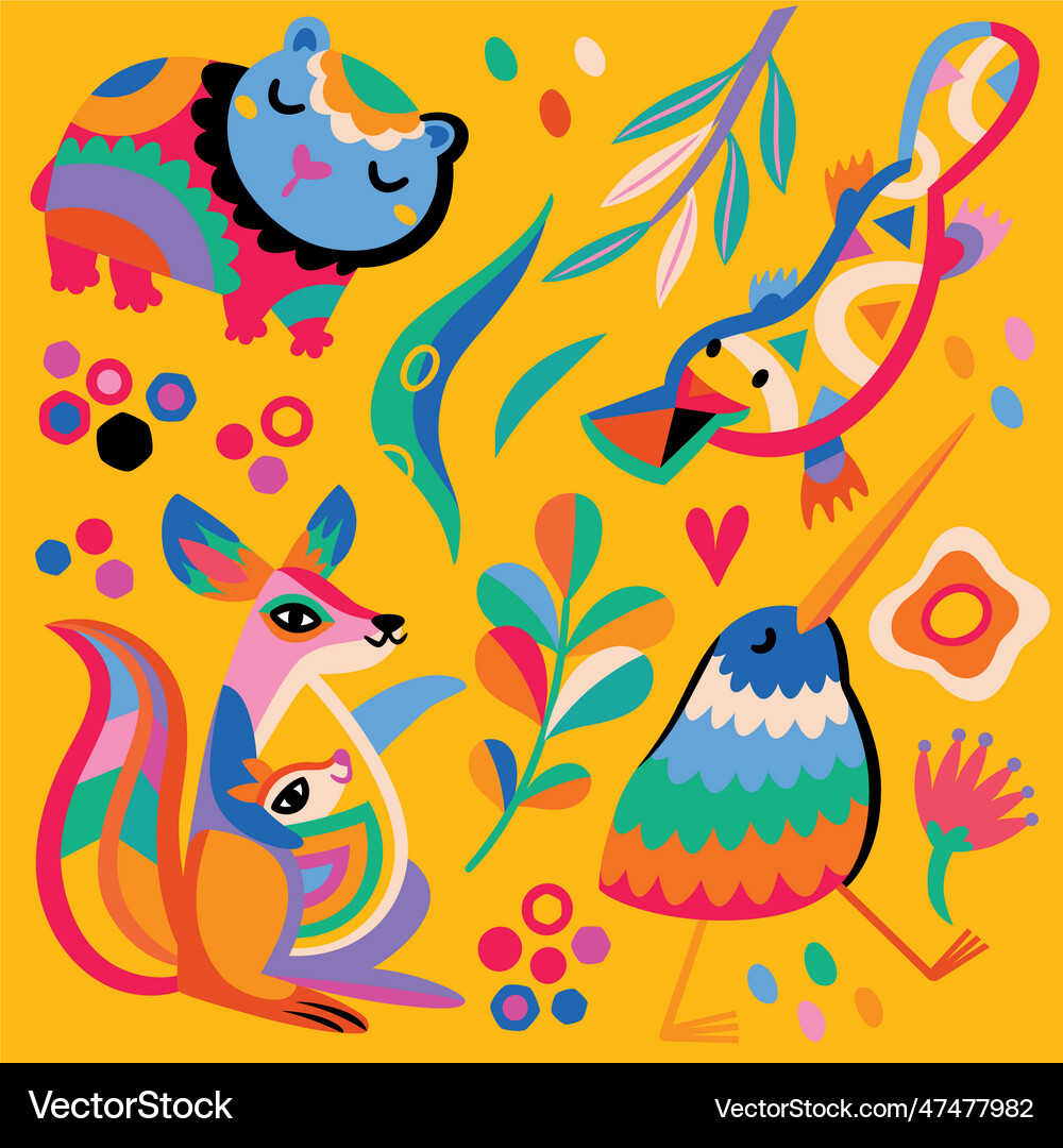 Cute abstract australian animals flowers Vector Image