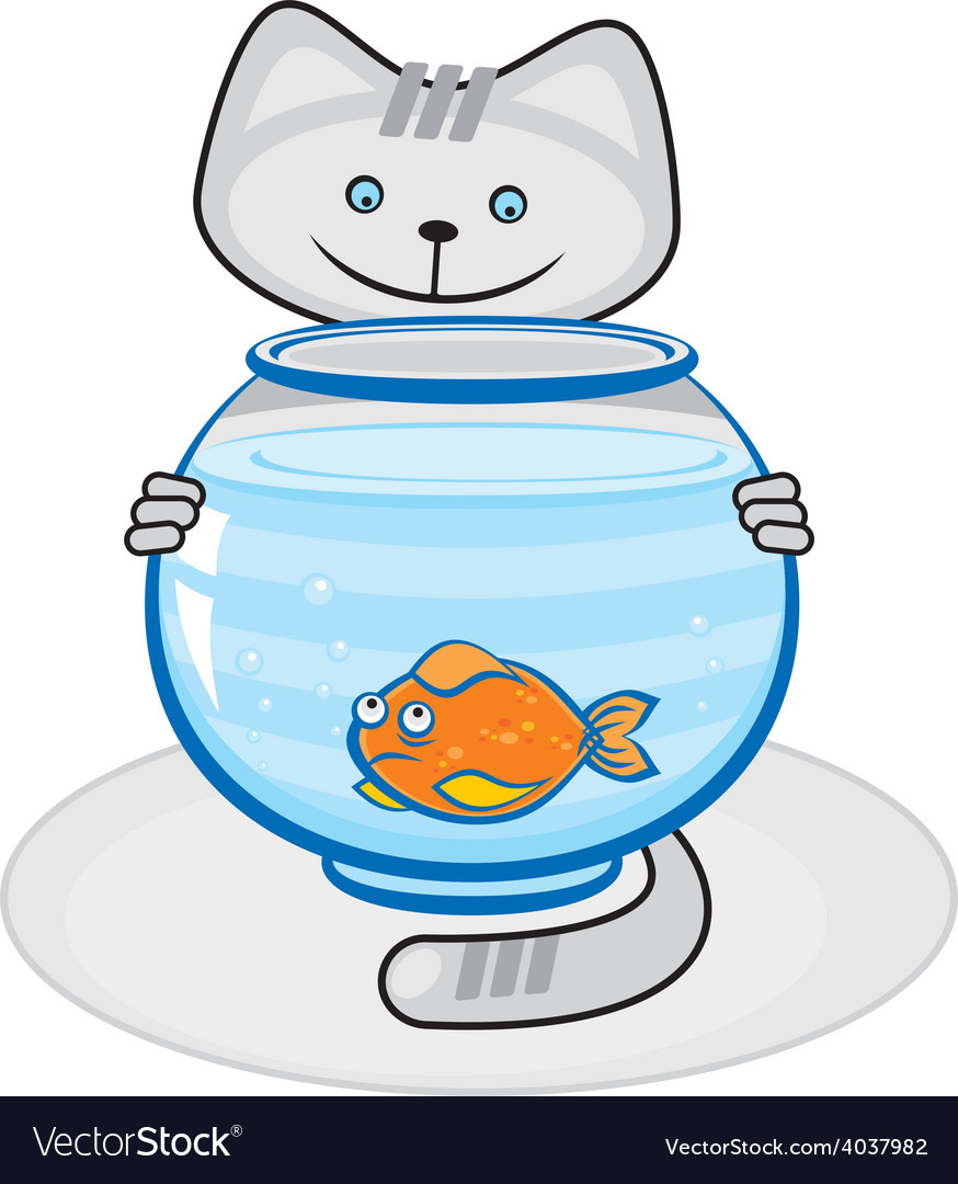 Grey cat and fish in the aquarium Royalty Free Vector Image