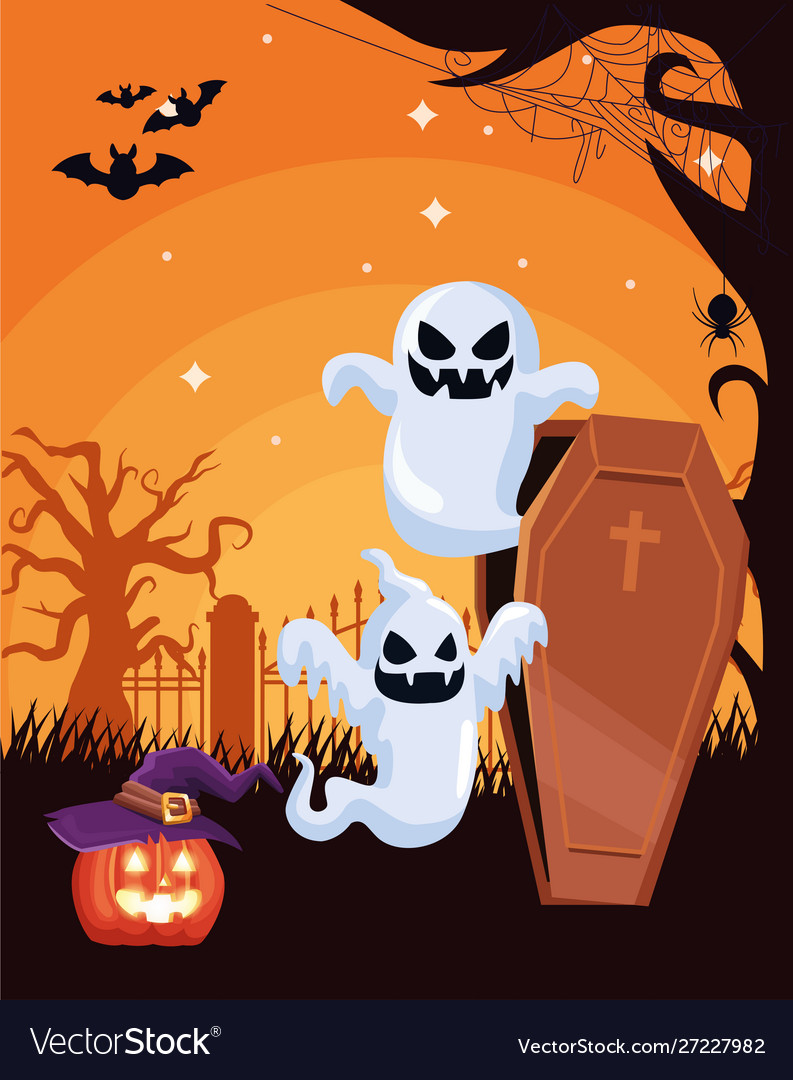 Halloween dark scene with ghosts floating Vector Image