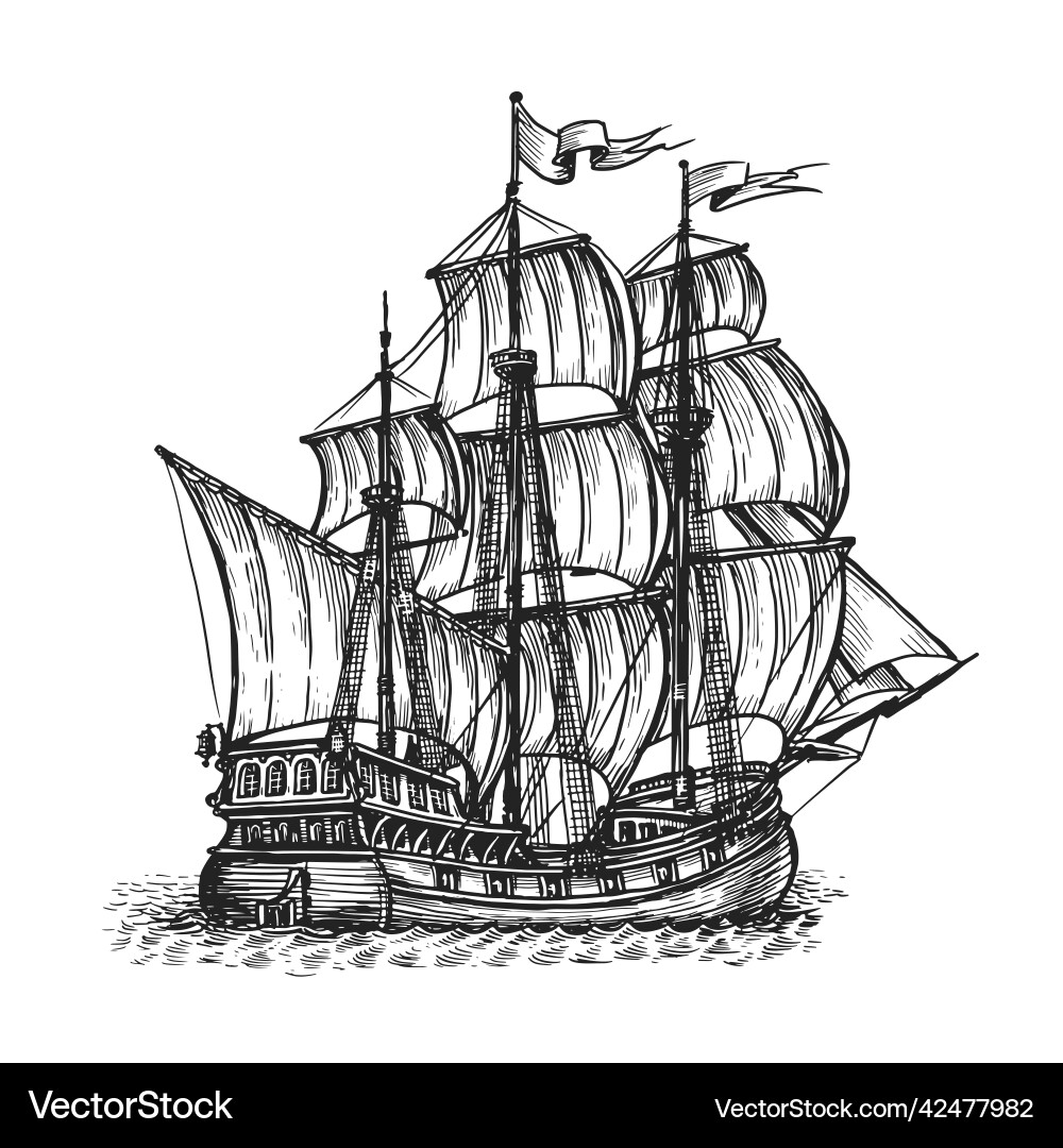 Hand drawn retro sailing ship in sea sketch Vector Image
