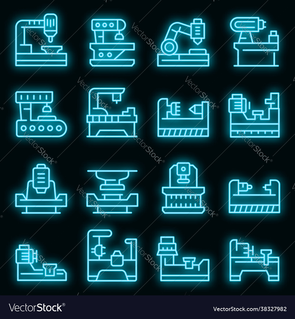 Lathe icons set neon Royalty Free Vector Image