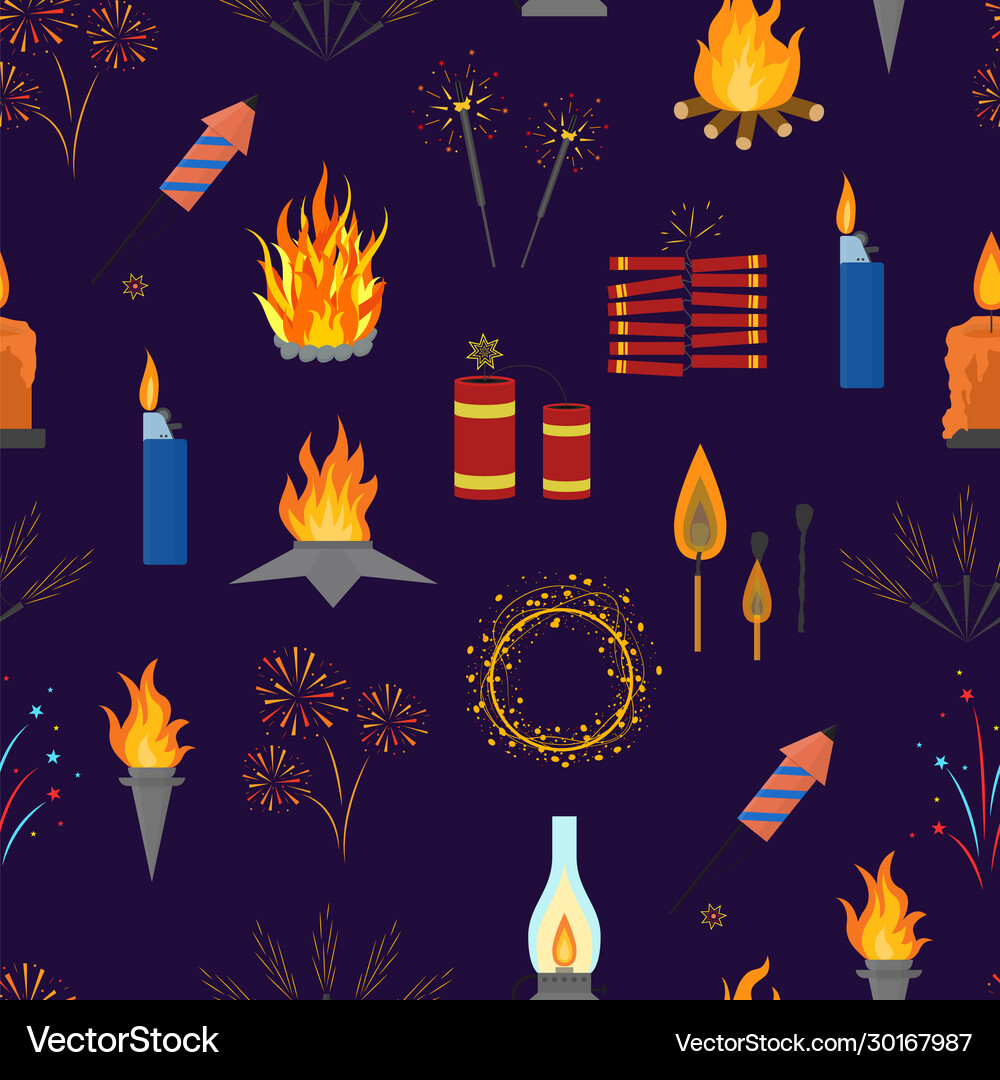 Cartoon lights and flames signs seamless pattern Vector Image