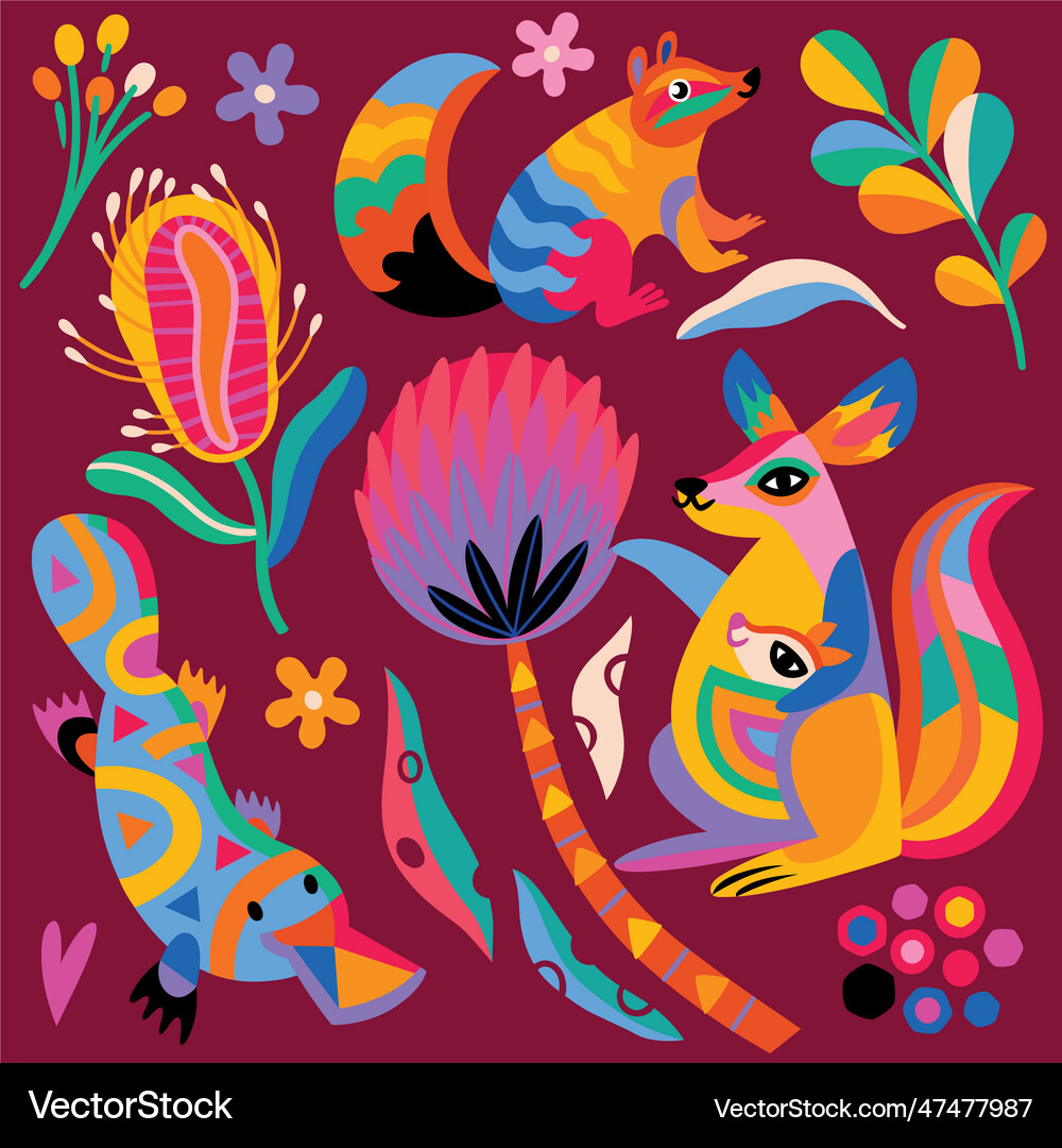 Cute abstract australian animals flowers Vector Image